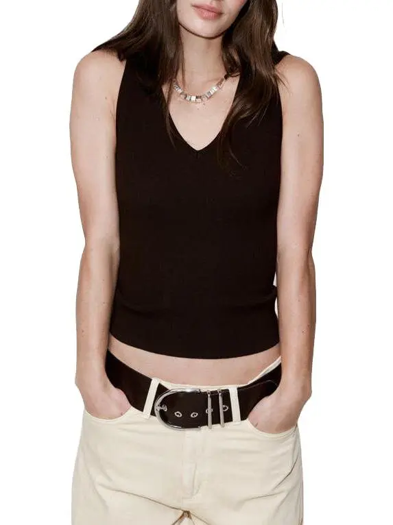 Mango Sleeveless V-neck Fine Knit Top - Chocolate
