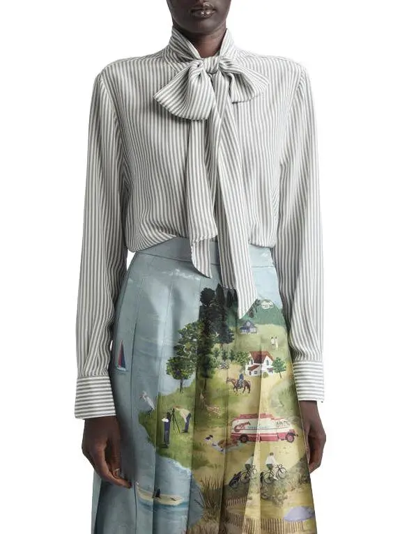 Thom Browne Striped Silk Shirt With Detachable Bow Collar - Medium Grey