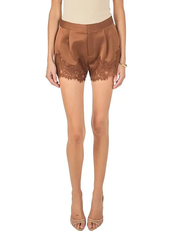 Endless Rose Satin Shorts With Lace Trim - Brown