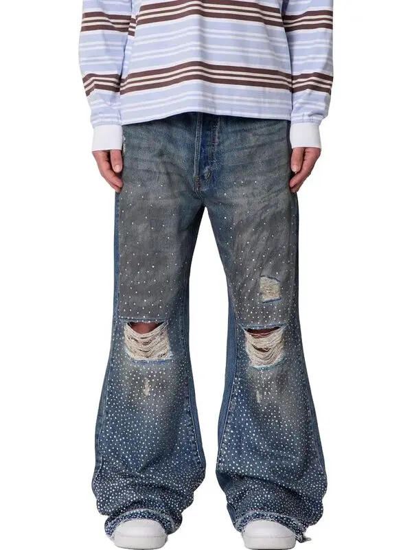 Mnml Rhinestone Ripped Kick Flare Jeans - Blue