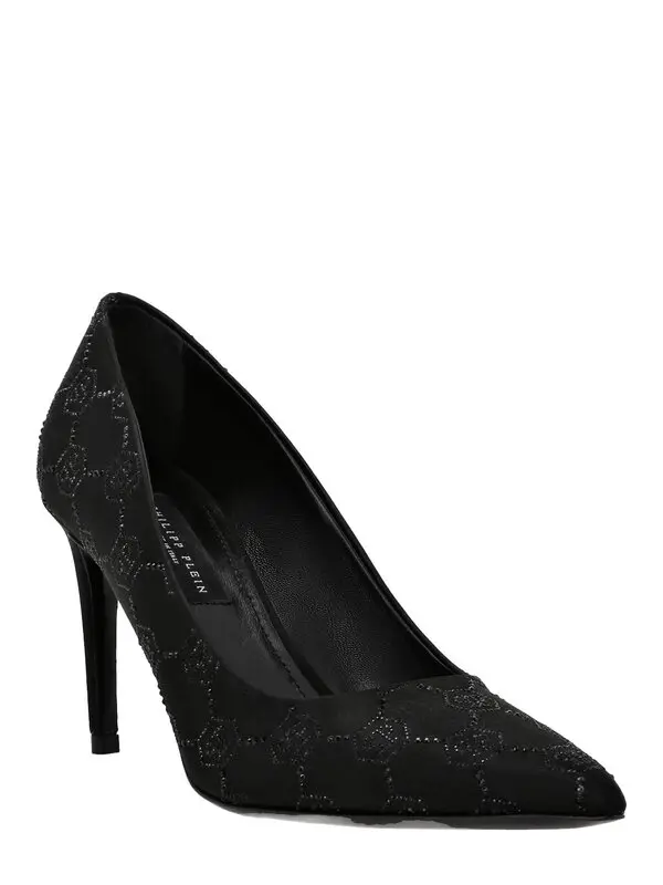 Philipp Plein Satin Monogram Embellished Mid Heel Pumps - Black/black