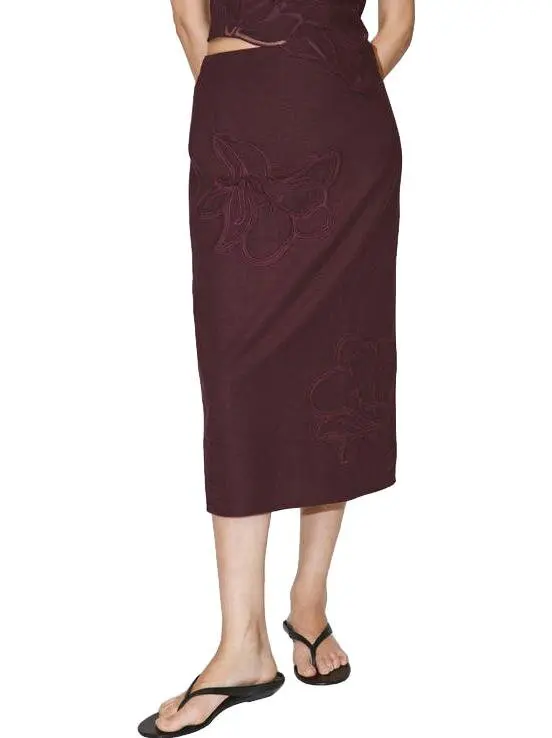 Mango Floral Embroidered Midi Skirt - Maroon