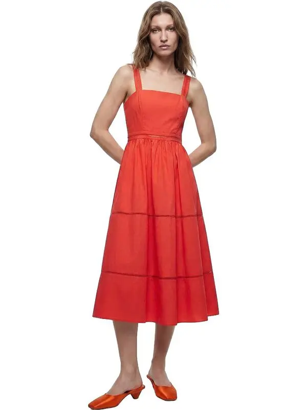 KOTON Square Neck Strappy Lace Detail Cotton Midi Dress - Red