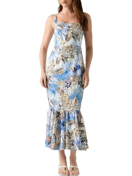 Guess Rory Tropical Print Mermaid Hem Midi Dress - Brown Multi