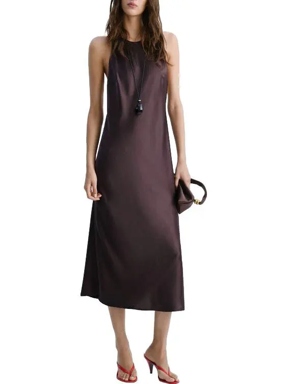 Mango Satin Open Back Jewel Neck Sleeveless Dress - Chocolate