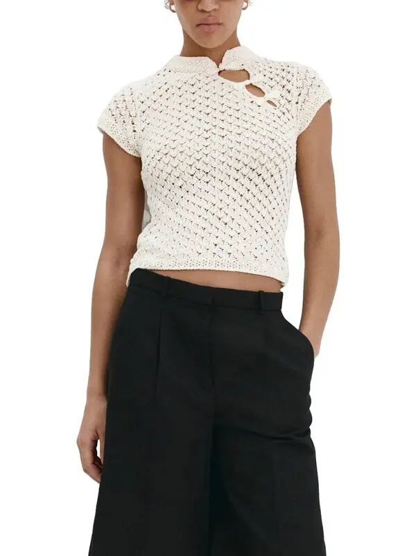 Mango Openwork Knit Toggle Sweater - Ecru