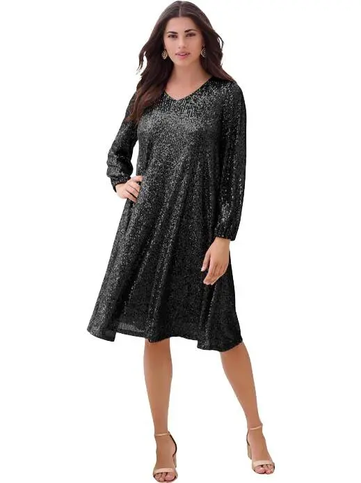 ROAMAN'S Sequin Mesh V-neck Swing Dress With Blouson Sleeves - Black