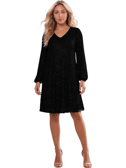 Roaman's Sequin Mesh V-neck Swing Dress With Blouson Sleeves - Black