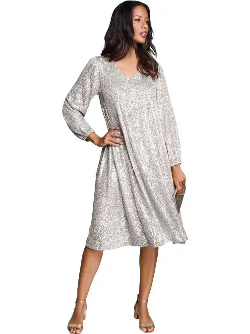 Roaman's Sequin Mesh V-neck Swing Dress With Blouson Sleeves - Silver Shimmer