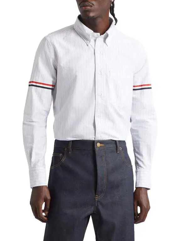 Thom Browne Straight Fit Armband Stripe Cotton Button-down Shirt - Medium Grey
