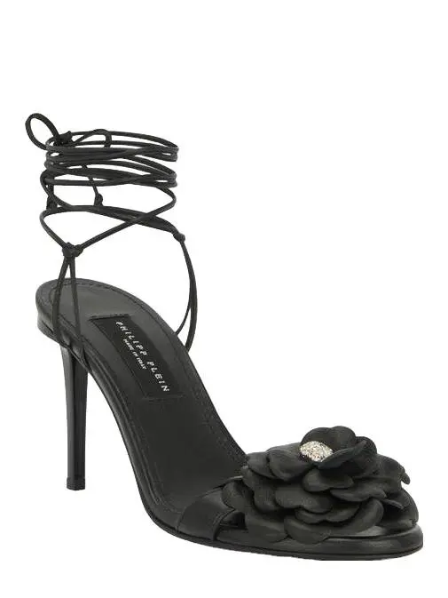 Philipp Plein Lace-up High Heel Sandals With Floral Embellishment - Black