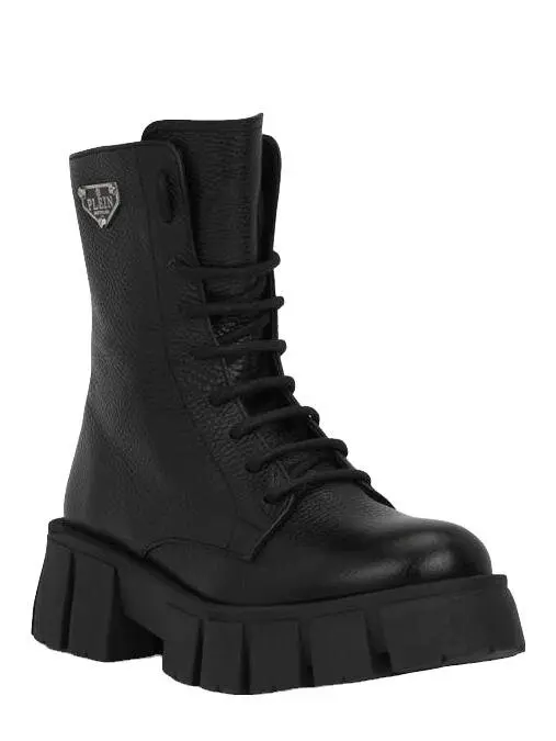 Philipp Plein Leather Lace-up Combat Boots - Black
