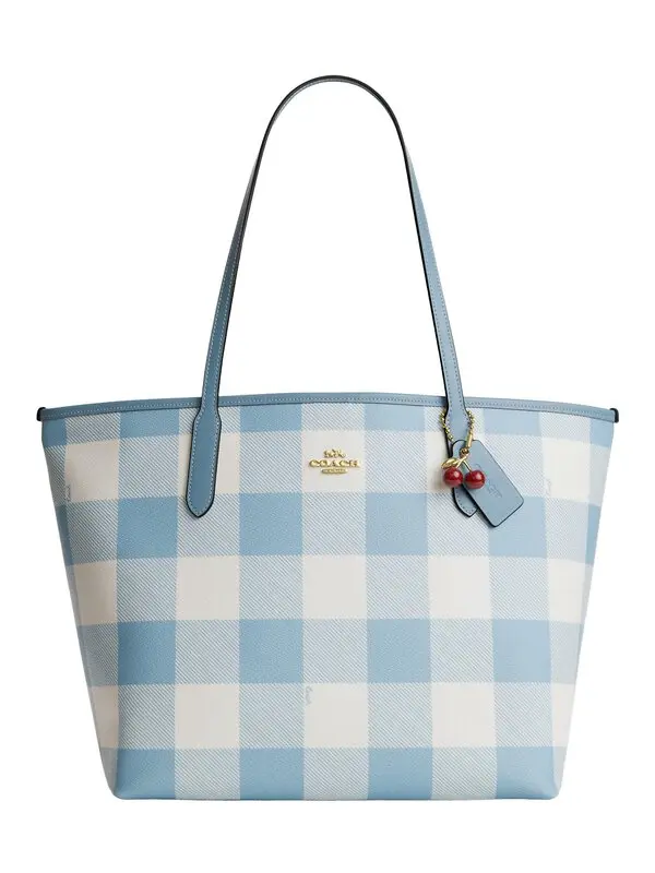 COACH OUTLET City Tote Bag With Gingham Print And Charm - Gold/blue Multi