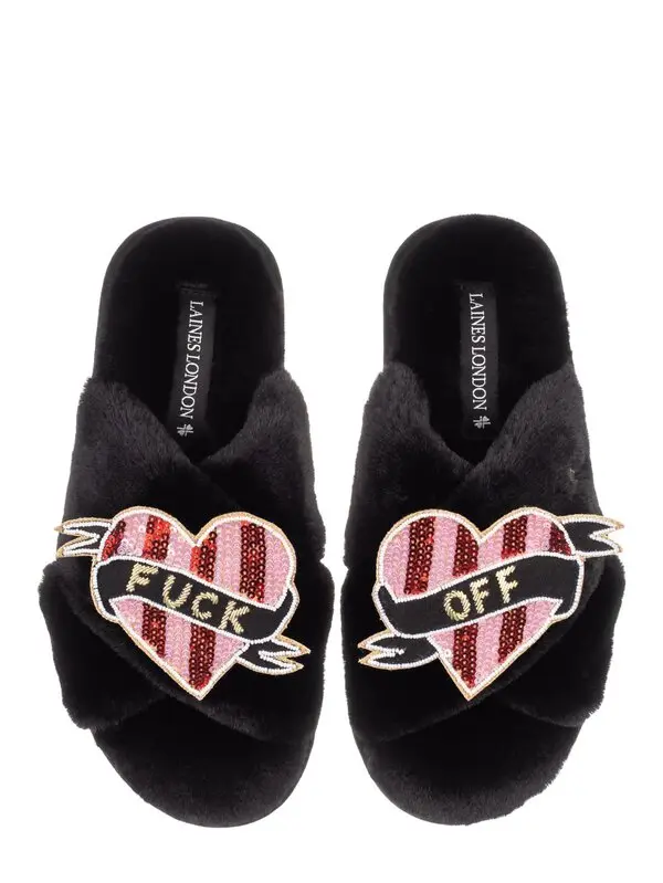 LAINES LONDON Faux Fur Slippers With Heart Brooch Embellishment - Black
