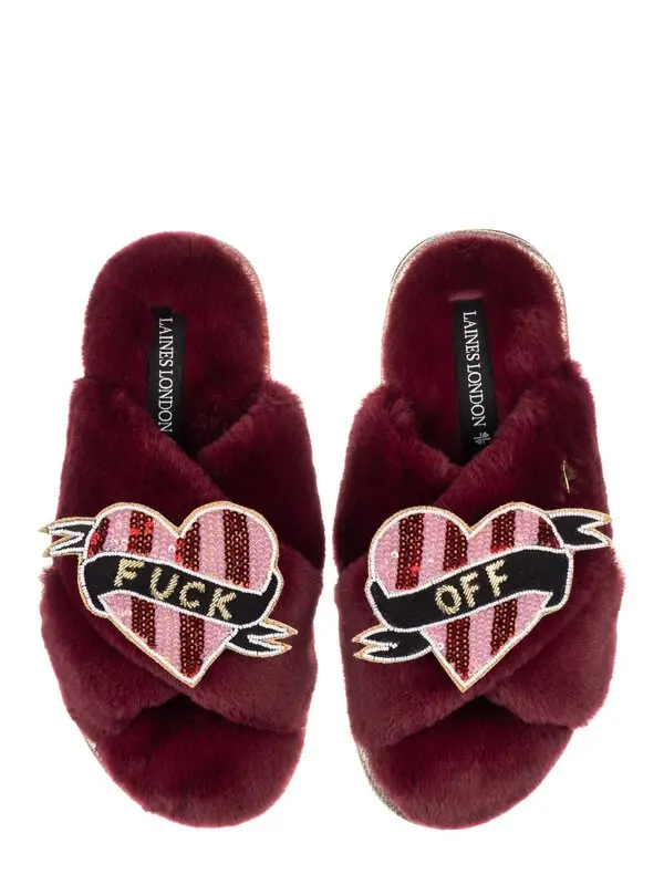 LAINES LONDON Limited Edition Faux Fur Slippers With Heart Brooches - Gold/red