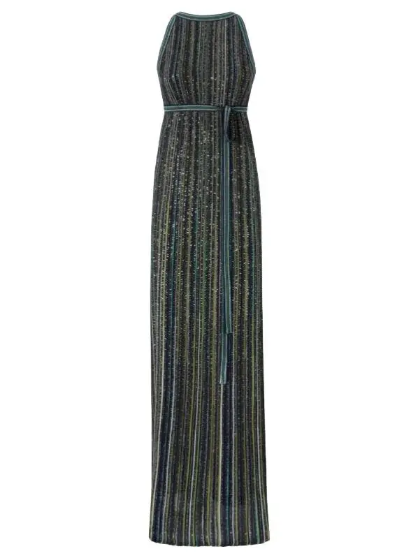 Missoni Long Striped Knit Dress With Sequins And Adjustable Waistband - Green