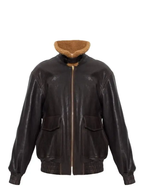 Valentino Garavani Shearling Collar Leather Bomber Jacket - Black