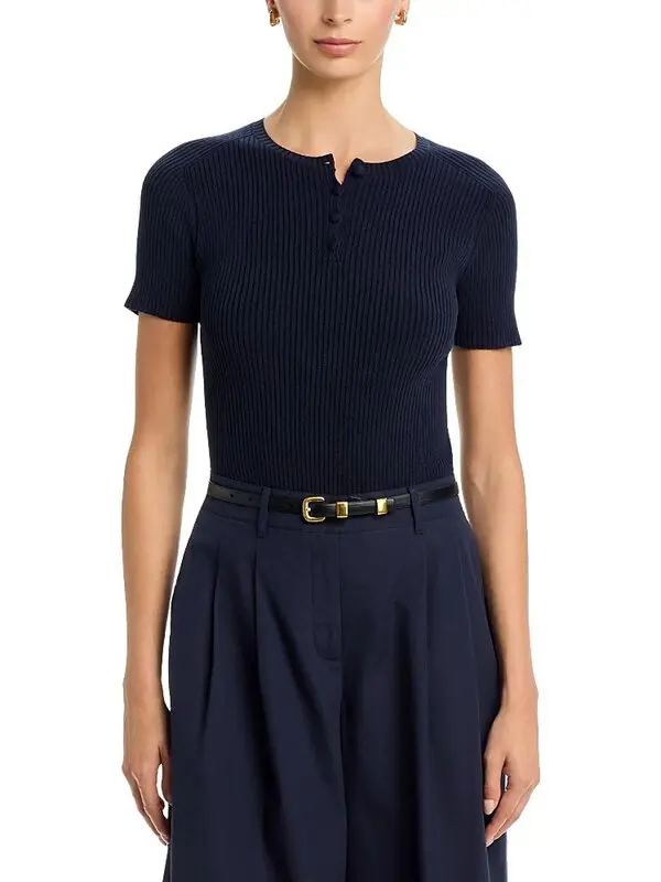 Lafayette 148 New York Ribbed Crewneck Short Sleeve Sweater - Ink