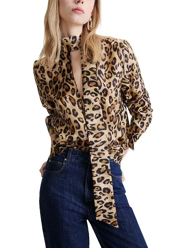 Marella Leopard Print Silk Habotai Shirt With Neck Tie - Beige