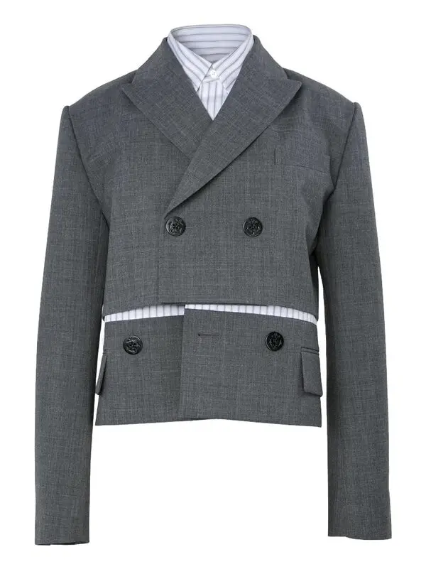 Sacai Cropped Double-breasted Suiting Jacket With Poplin Shirting Detail - Grey
