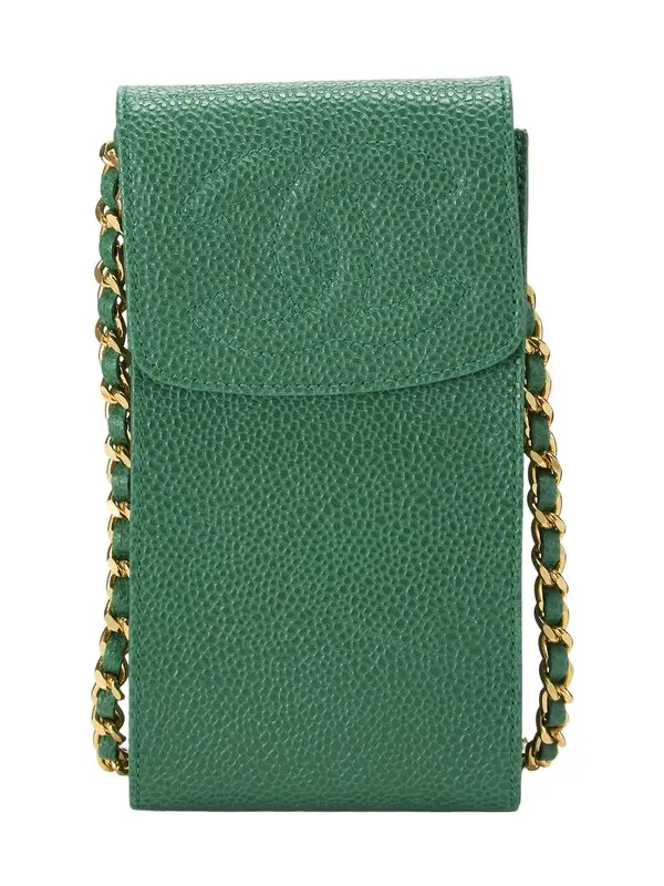 Chanel Caviar Leather Phone Holder With Chain Strap - Green