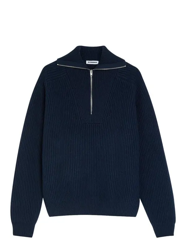 JIL SANDER Ribbed Wool Quarter-zip Jumper - Navy
