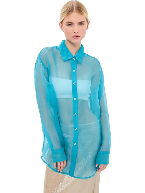 Sprwmn Oversized Silk Organza Button-down Shirt - Turquoise