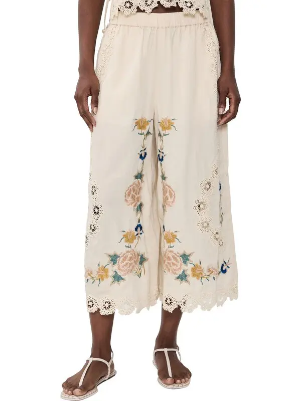 Sea Adonna Embroidered Wide-leg Pants - Cream