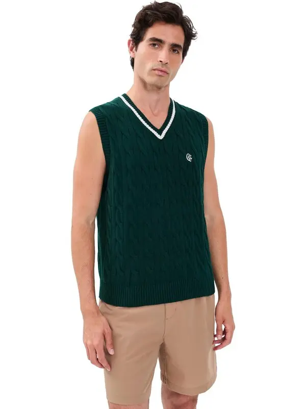 QUIET GOLF Cable Knit V-neck Vest - Fern