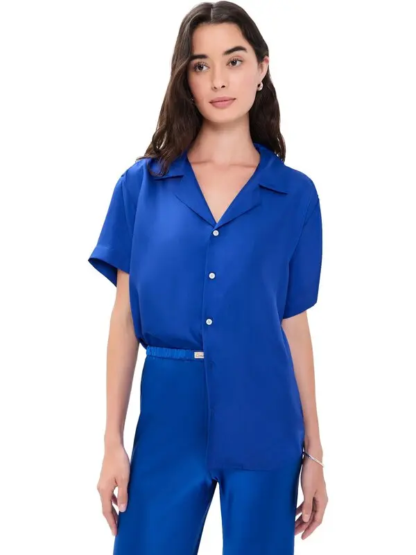 Comme Si Notched Collar Short Sleeve Silk Shirt - Blue