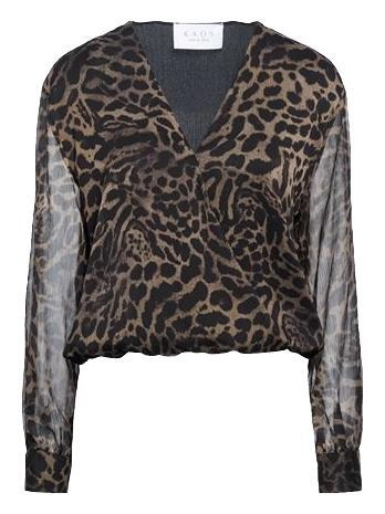 KAOS Leopard Print Georgette V-neck Long Sleeve Top - Black
