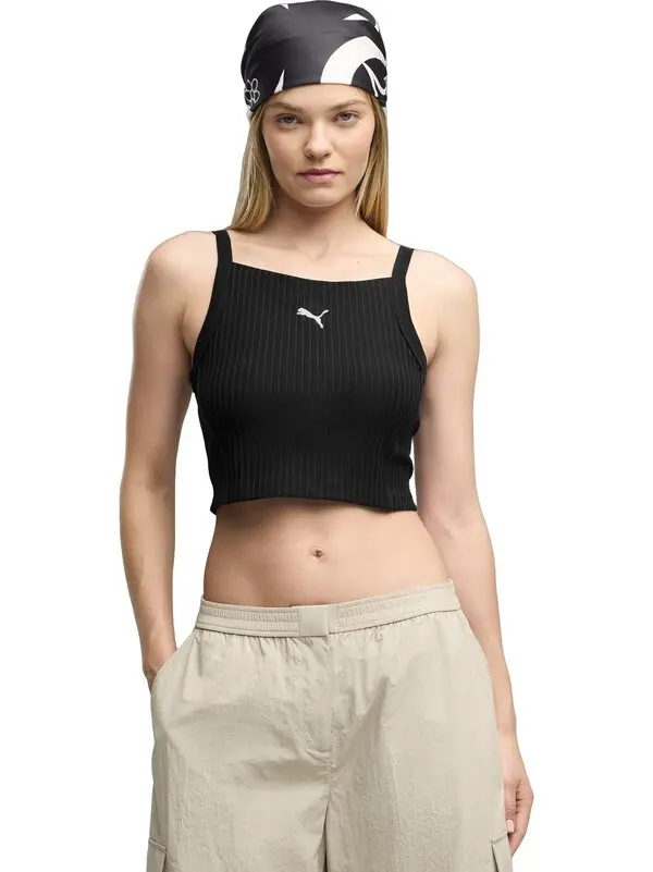 PUMA Ribbed Cropped Crew Neck Top - Black
