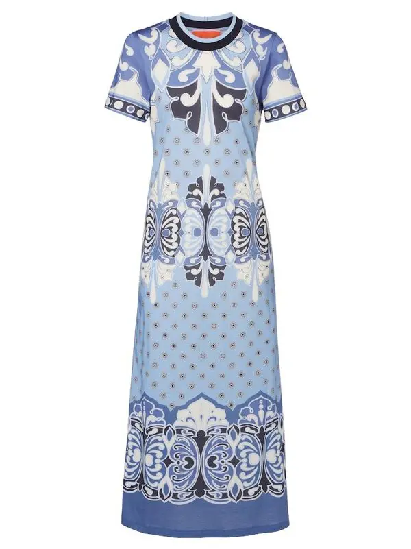 La DoubleJ Sporty Swing Printed Cotton Jersey Midi Dress - Blue