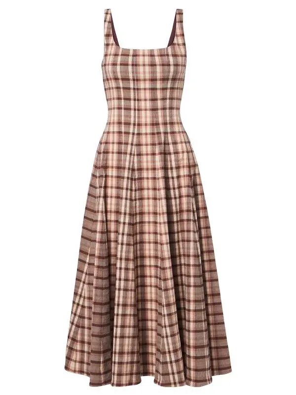 Staud Wells Checked Linen-blend Midi Dress - Brown