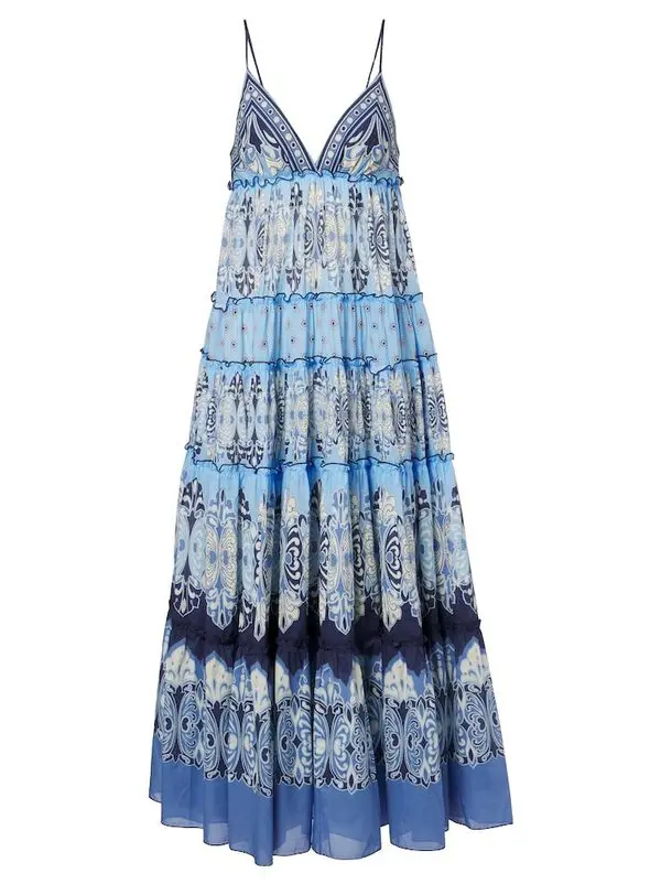 La DoubleJ Nymph Printed Tiered Cotton Maxi Dress - Blue