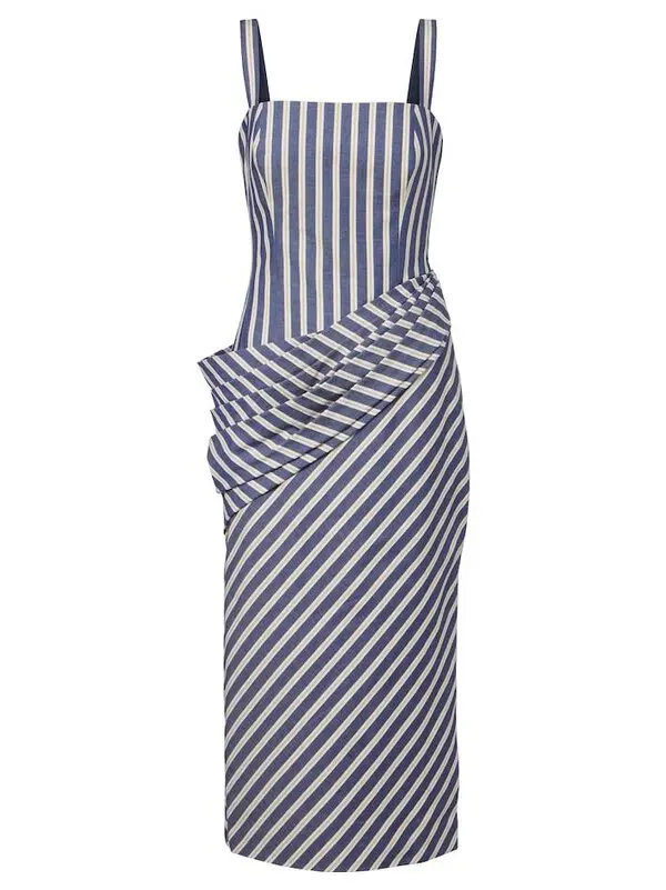 Carolina Herrera Striped Draped Cotton Cocktail Dress - Blue