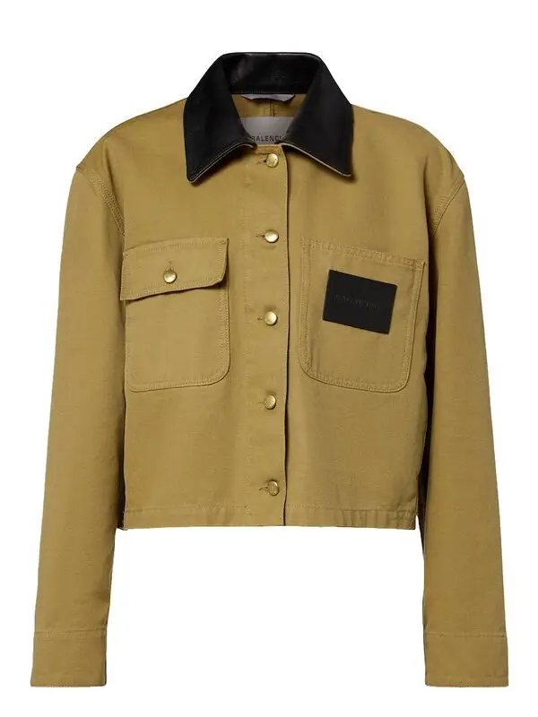 Balenciaga Cropped Cotton Jacket With Leather Trim - Beige