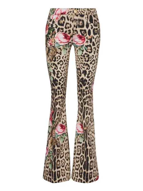 Roberto Cavalli Leopard And Floral Print Flared Jeans - Beige