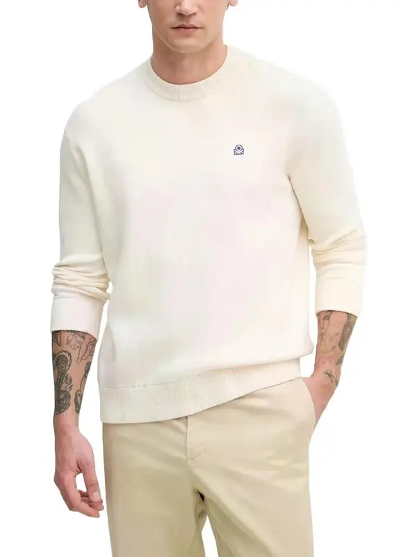 BENETTON Logo Embroidered Ribbed Trim Sweater - Neutrals