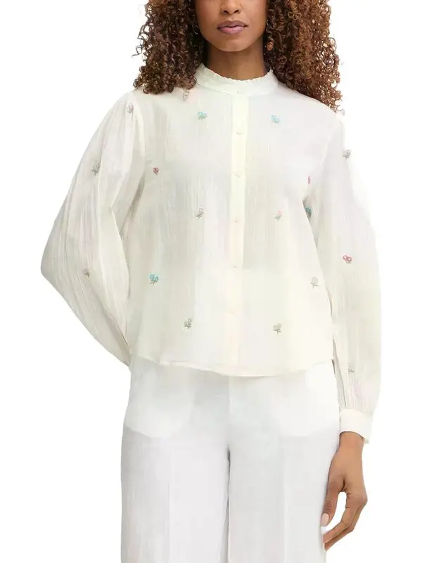 BENETTON Floral Embroidered Ruffled High Neck Blouse - Neutrals