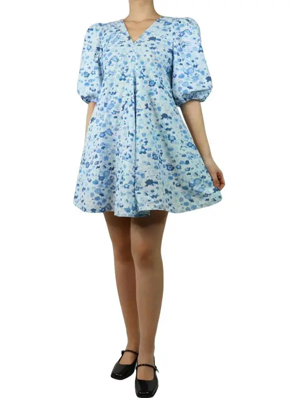 GANNI Floral Print Puff Sleeve Mini Dress - Blue