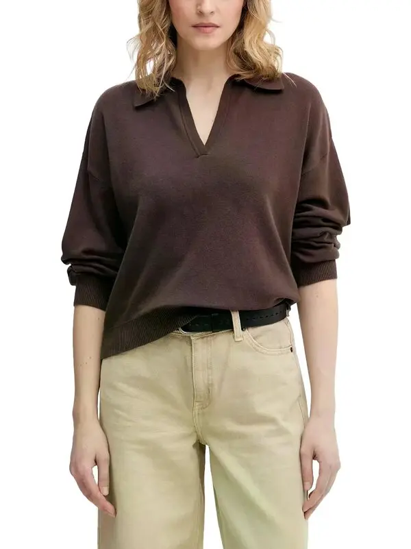 BENETTON Polo Collar Long Sleeve Sweater - Brown