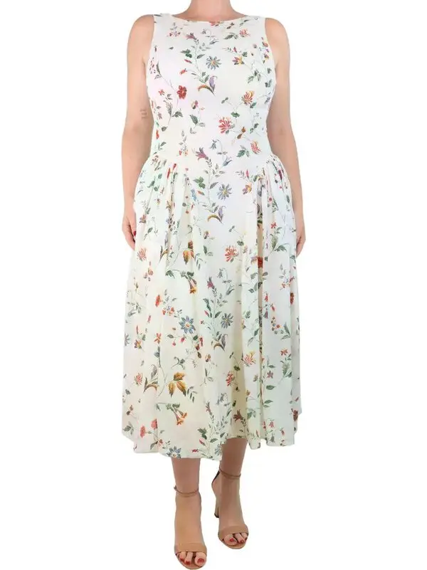 REFORMATION Cream Floral Print Sleeveless Boat Neck Dress - Neutrals