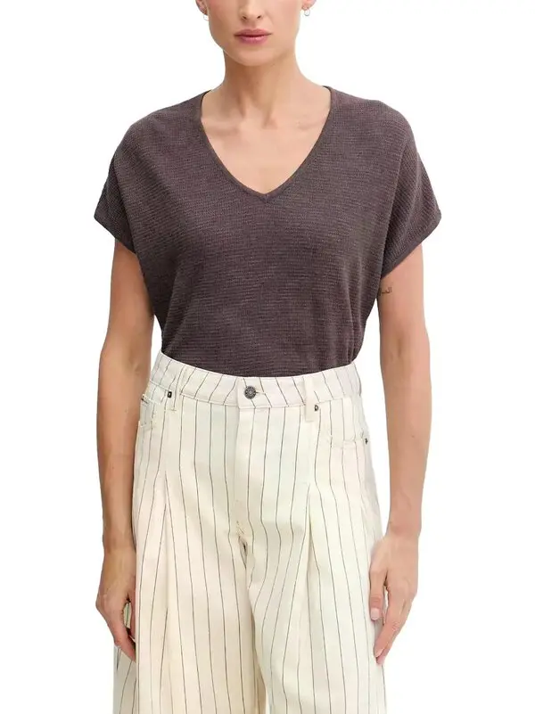 BENETTON V-neck Waffle-knit Short Sleeve Top - Brown