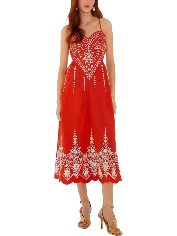 Farm Rio The Vicky Embroidered Cut-out Midi Dress - Red