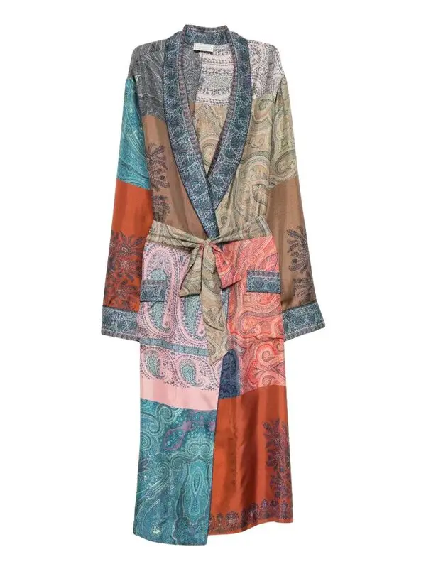 PIERRE-LOUIS MASCIA Paisley-print Patchwork Belted Silk Coat - Blue