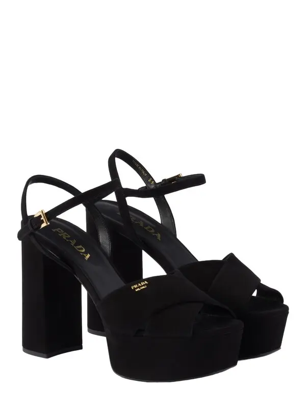 Prada Suede Platform Sandals With Ankle Strap And Logo Buckle - Black