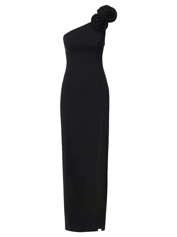 LITA COUTURE Asymmetric Neck Rosette Maxi Dress - Black