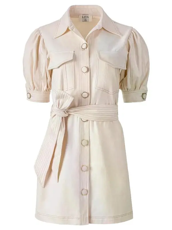 LITA COUTURE Puff Sleeve Mini Dress With Contrast Stitching - Neutrals