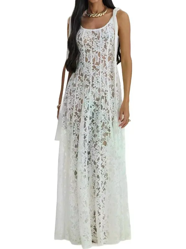 MOOS STUDIO Whisper Lace Tie-fastening Maxi Gown - White